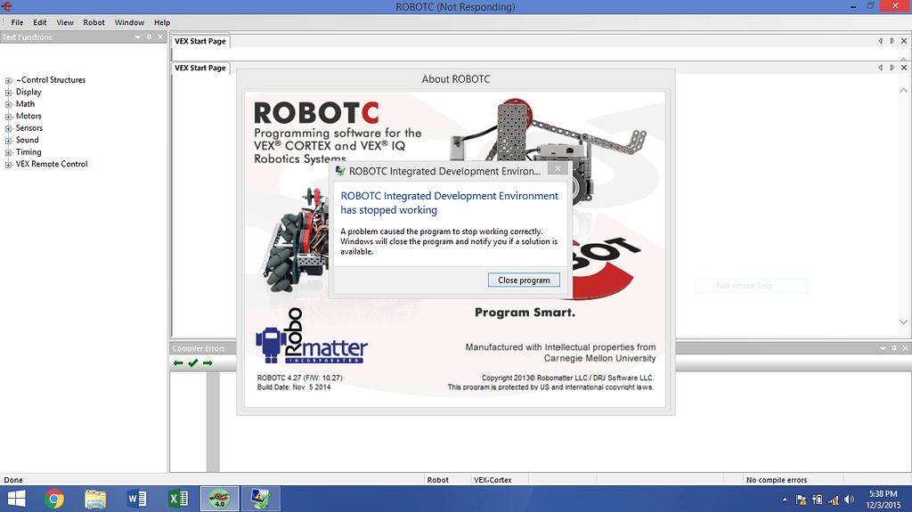 RobotC "Stopped Working" - ROBOTC Tech Support - VEX Forum