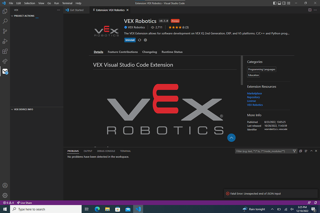 Error in VSCode when Downloading VEX Robotics Extension - Programming Support - VEX Forum