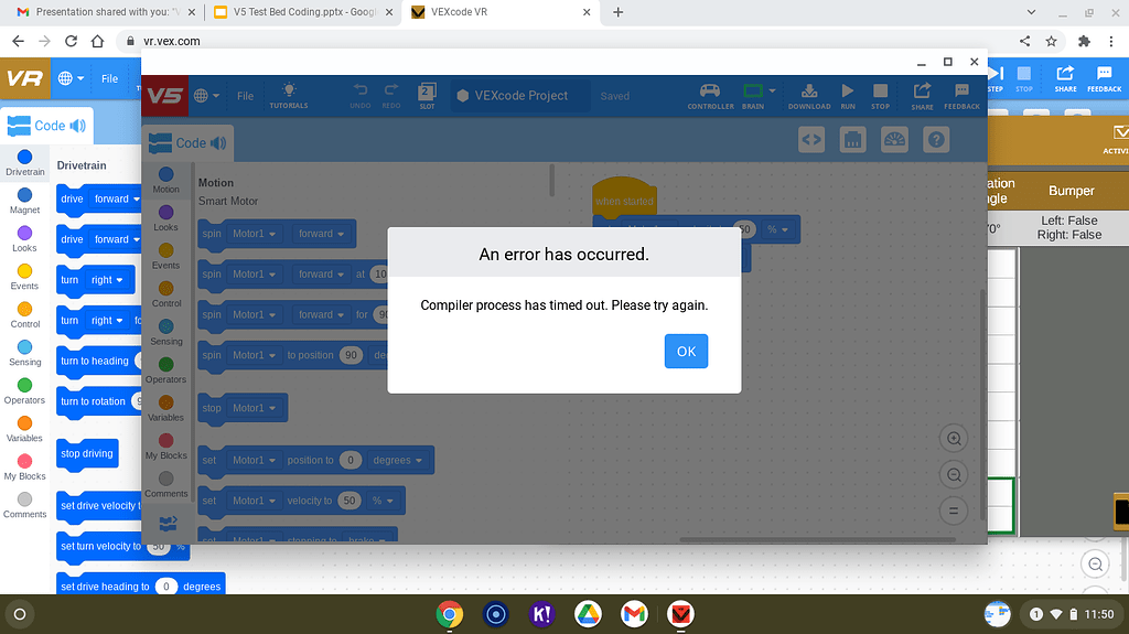 Compiler process has timed out on Chromebook - VEXcode V5 Tech Support - VEX Forum