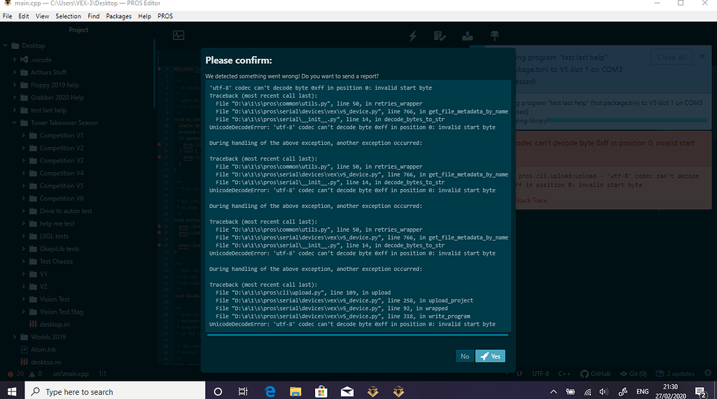 **URGENT** PROS cannot upload, invalid start byte - PROS Support - VEX Forum