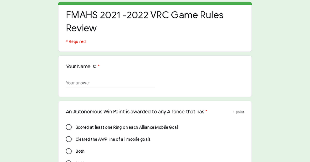 VRC Rules Test ( in Google Forms) - VRC > Tipping Point (21/22) - VEX Forum