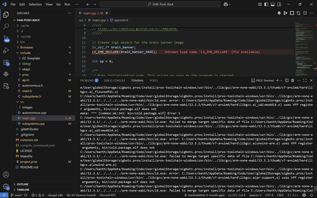 PROS Errors After Upgrade - Programming Support - VEX Forum