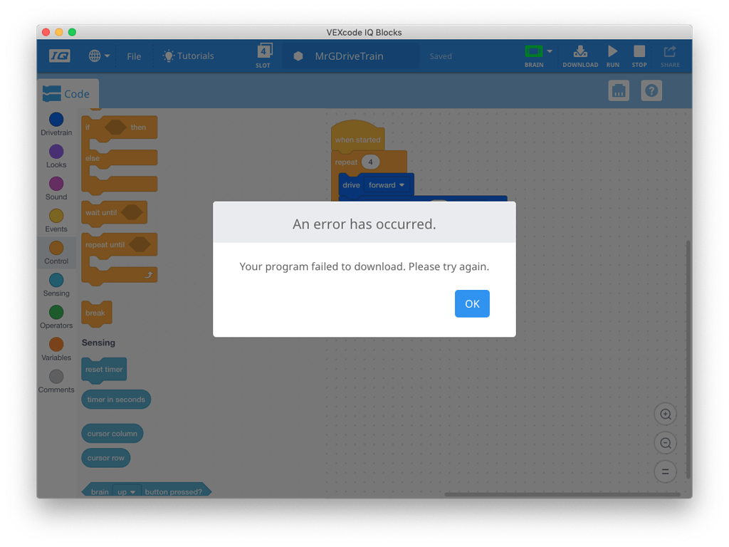 BREAK Block causing Download Failure? - VEXcode IQ Technical Support - VEX Forum