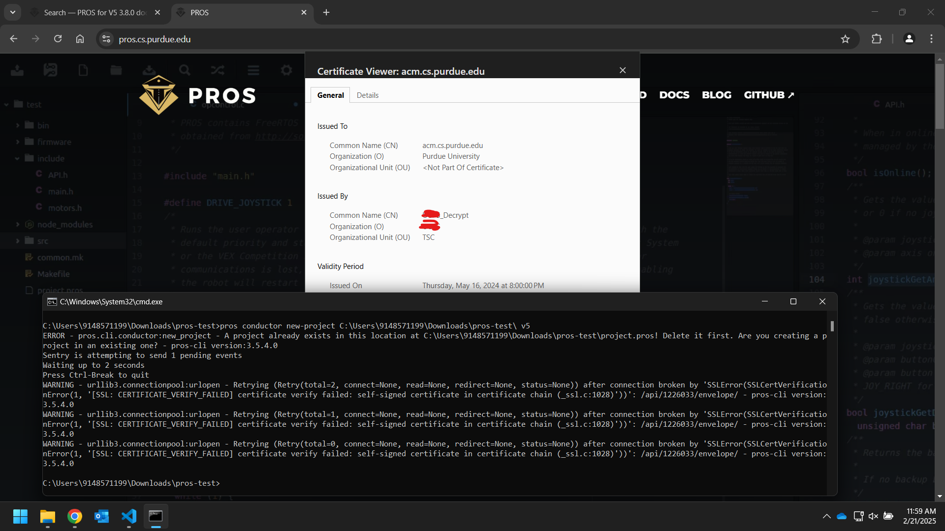 PROS program unable to be created due to ssl error - Programming Support - VEX Forum