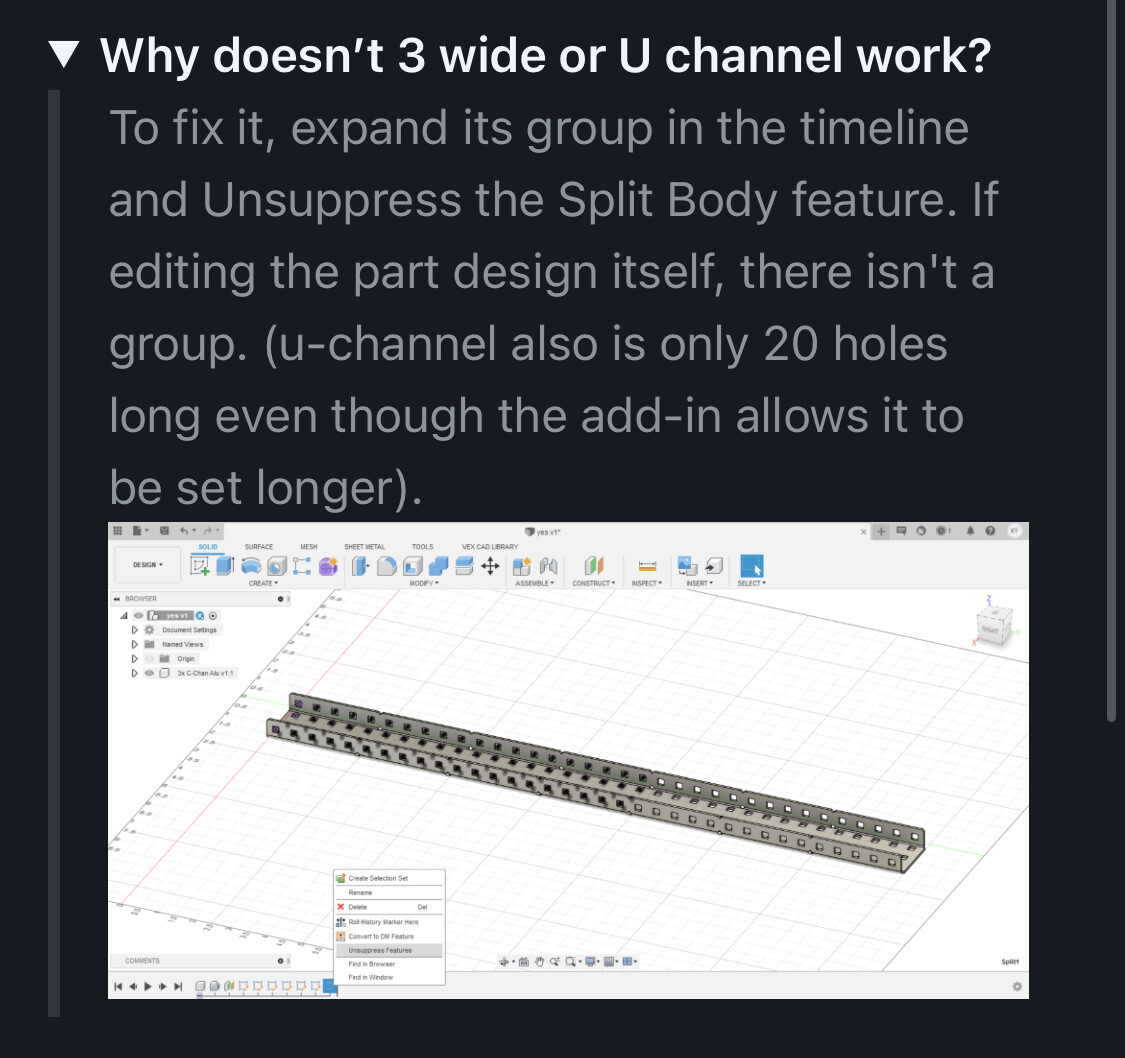 Fusion 360 - VEX Cad - Bug when 'Modifying' 3x Alu C channel? - VEX V5 Technical Support - VEX Forum