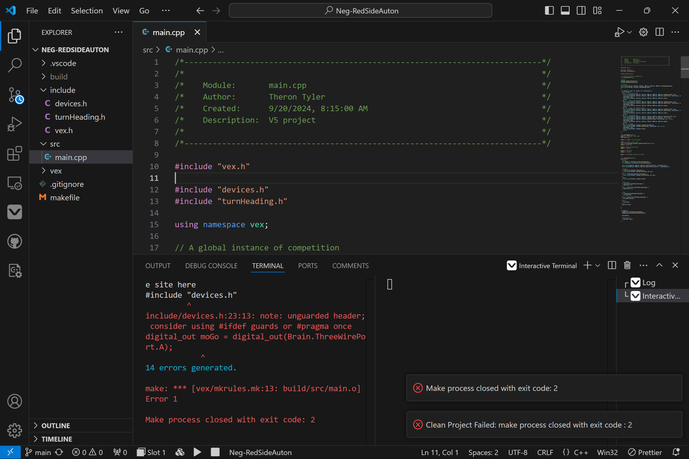 #include errors detected when adding a pre-existing VEX project to a GitHub repostiory ...